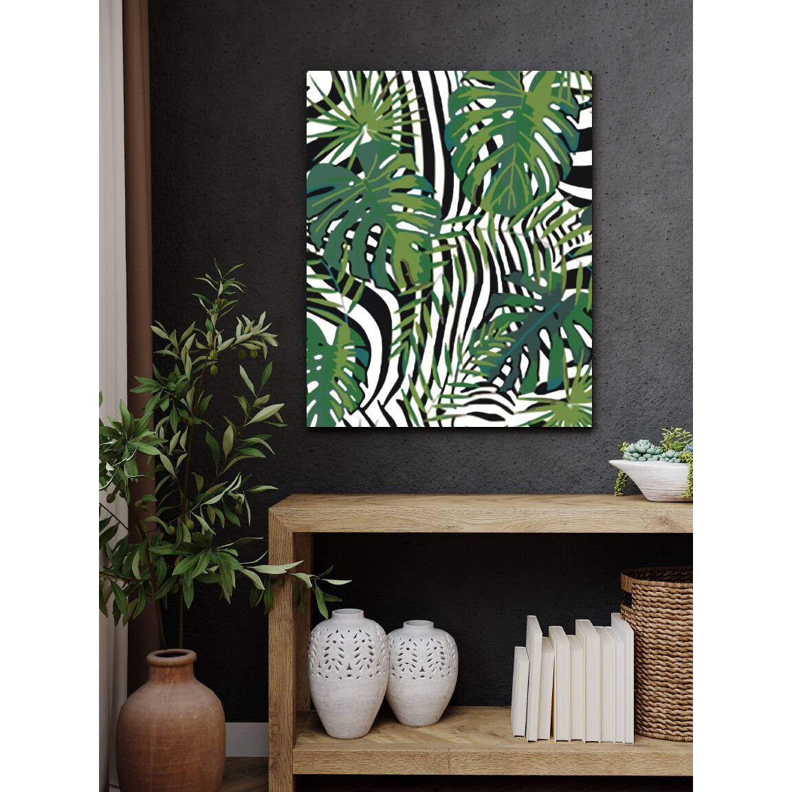 Set pictura pe numere Frunze tropicale, panza bumbac pe rama lemn ...