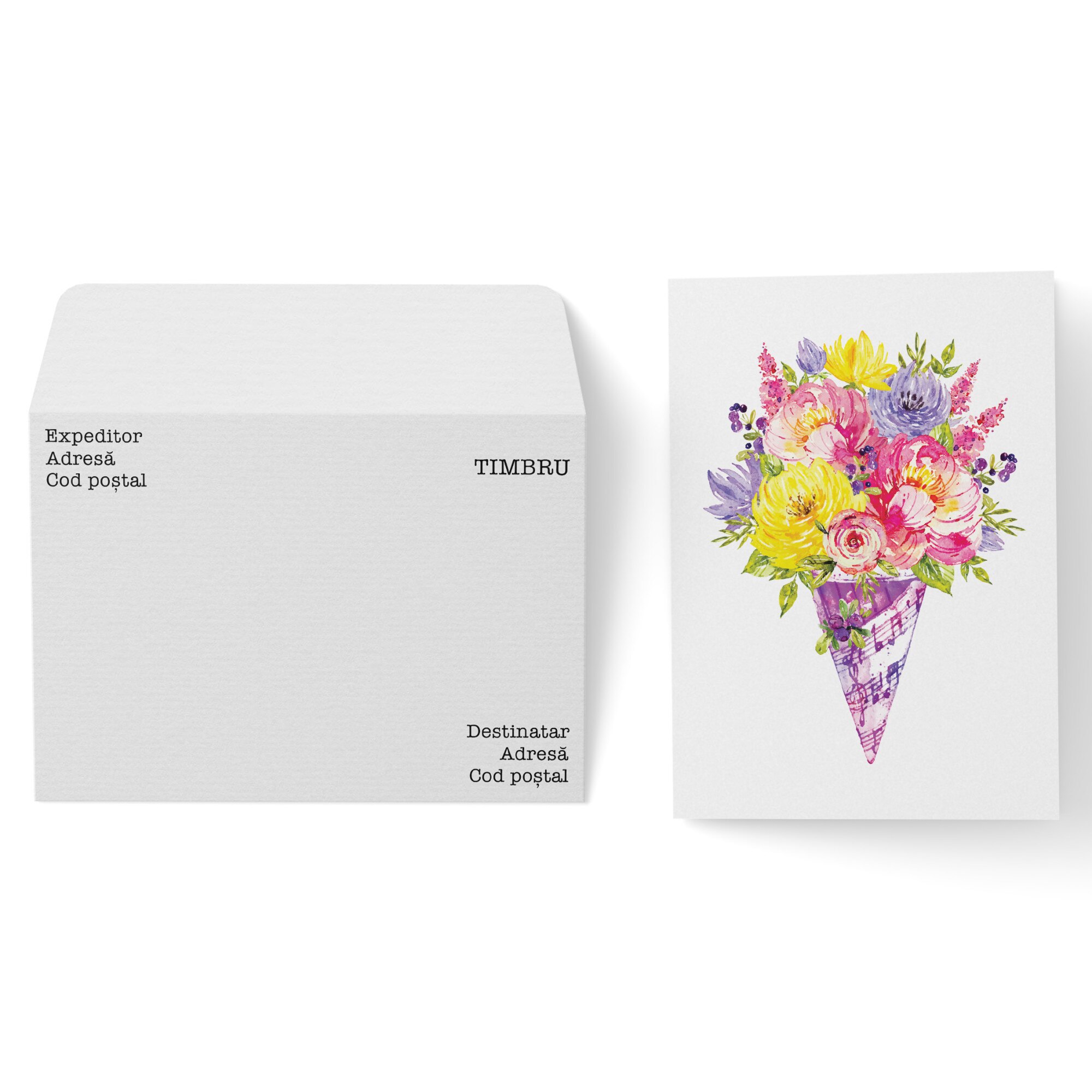 Felicitare cu plic, hartie texturata premium - Con cu flori 3 - eMAG.ro