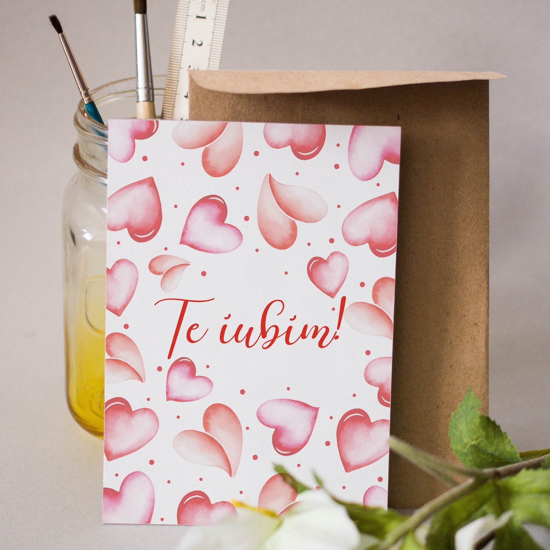 Felicitare cu plic, hartie texturata premium - Te iubesc cu inimi - eMAG.ro