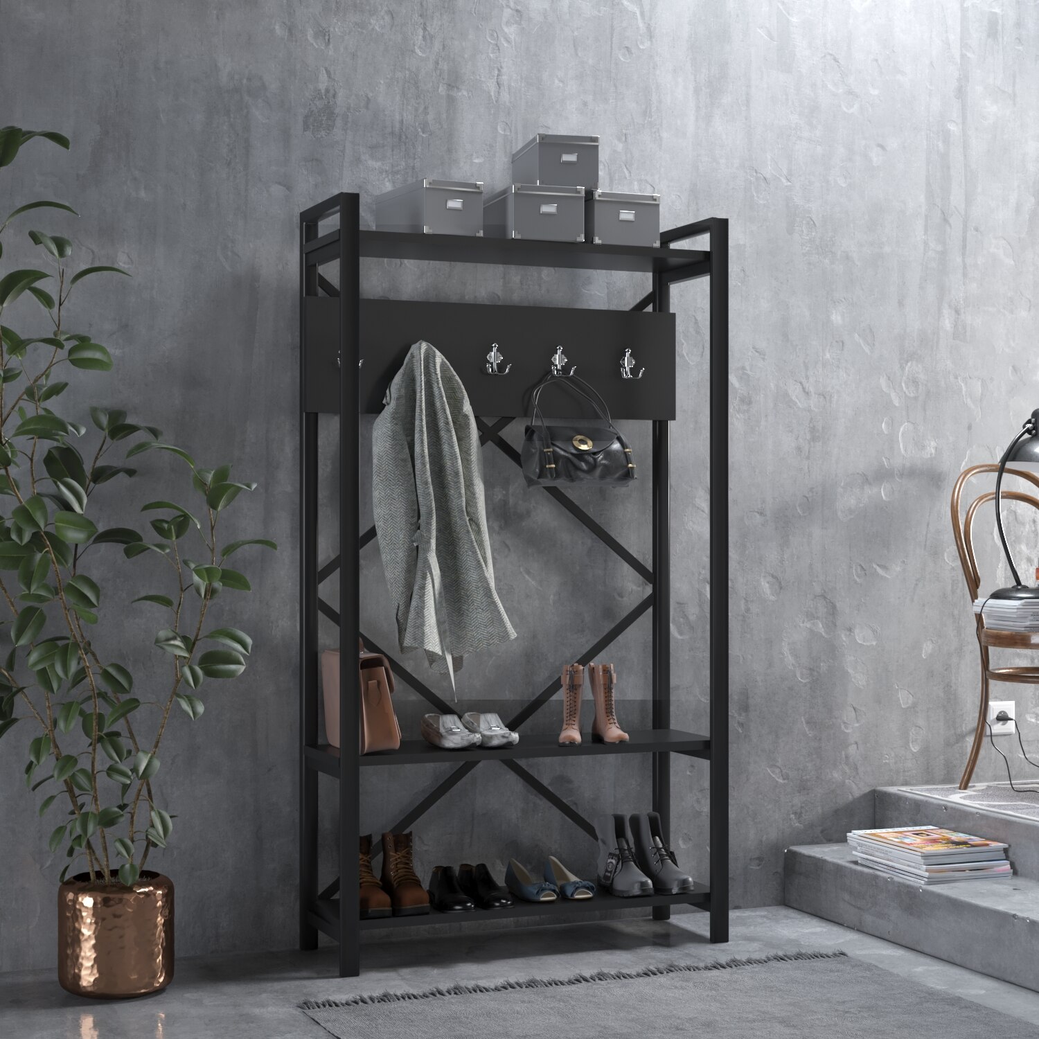 Cuier elegant cu 2 rafturi, EHA, culoare negru, 90x180x35 cm - eMAG.ro