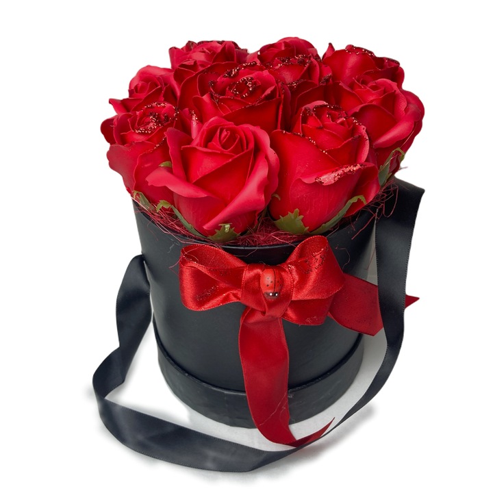 Aranjament Floral, 11 trandafiri rosii din sapun in cutie neagra rotunda - eMAG.ro