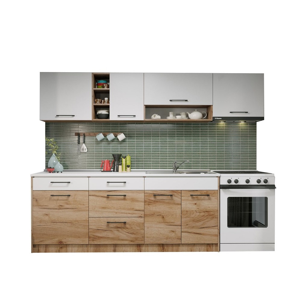 Set Bucatarie Gastro, 260cm, c03, culoare/ AlbStejarAuriu, Pal ...