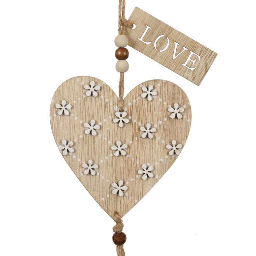 Inima decorativa, suspendata, cu model alb si snurulete cu floricele ...