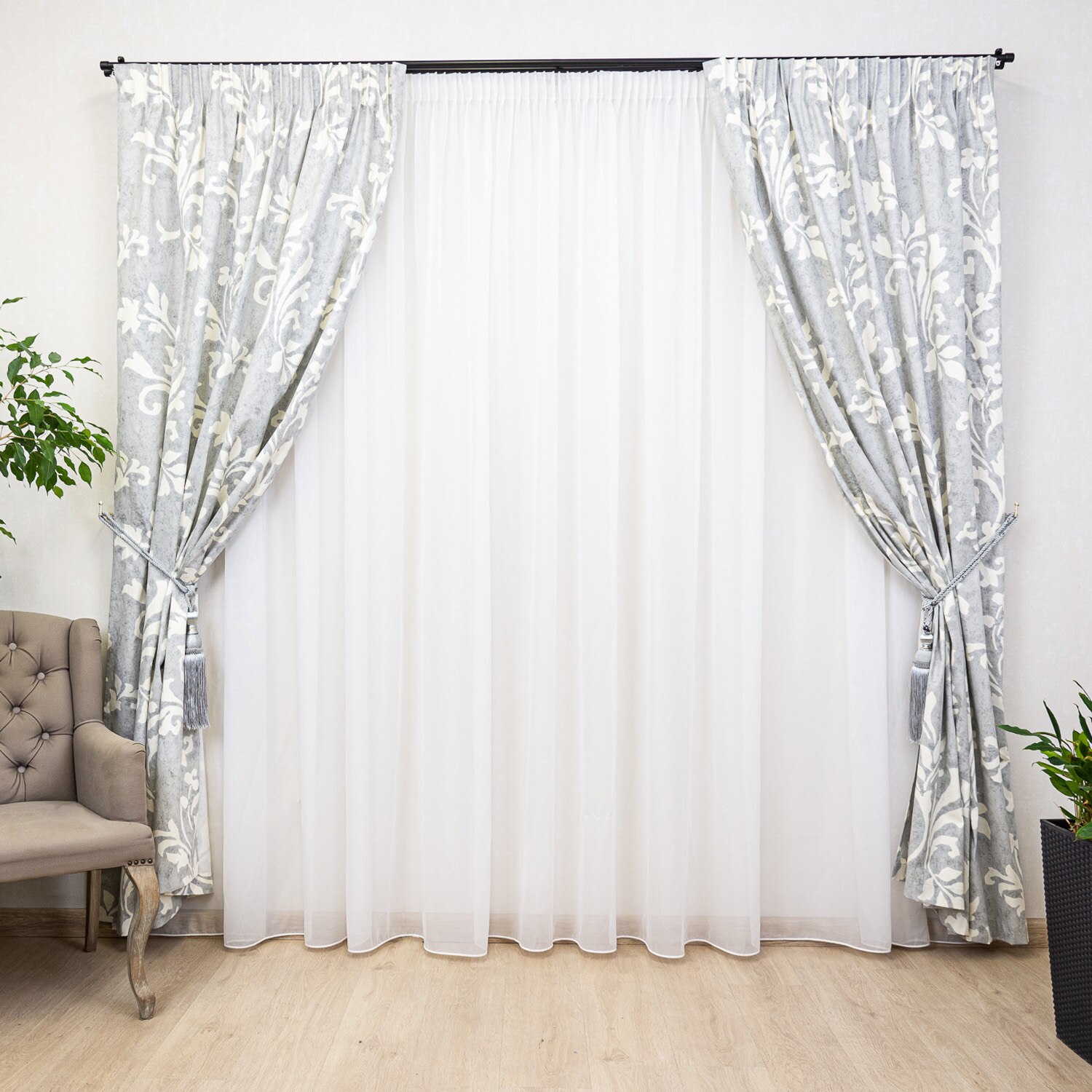 Set 3 piese draperii Hiko Nostalgie Garden Umbra bumbac gri 2x140x245cm ...