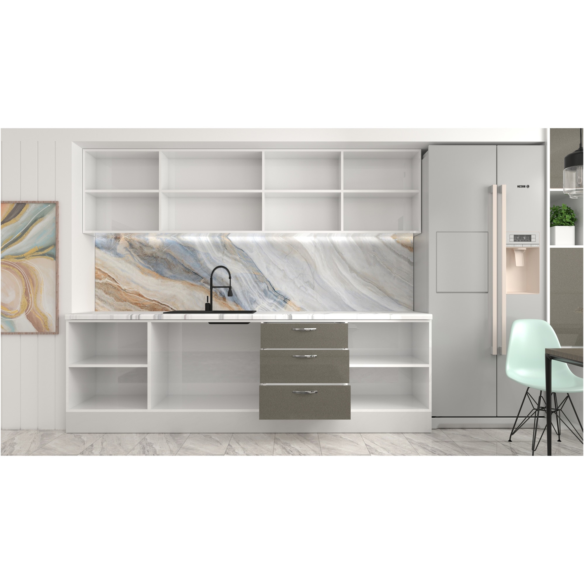 Set Mobila Bucatarie KringX Touch, 260x190x60 cm, MDF, culoare capucino ...