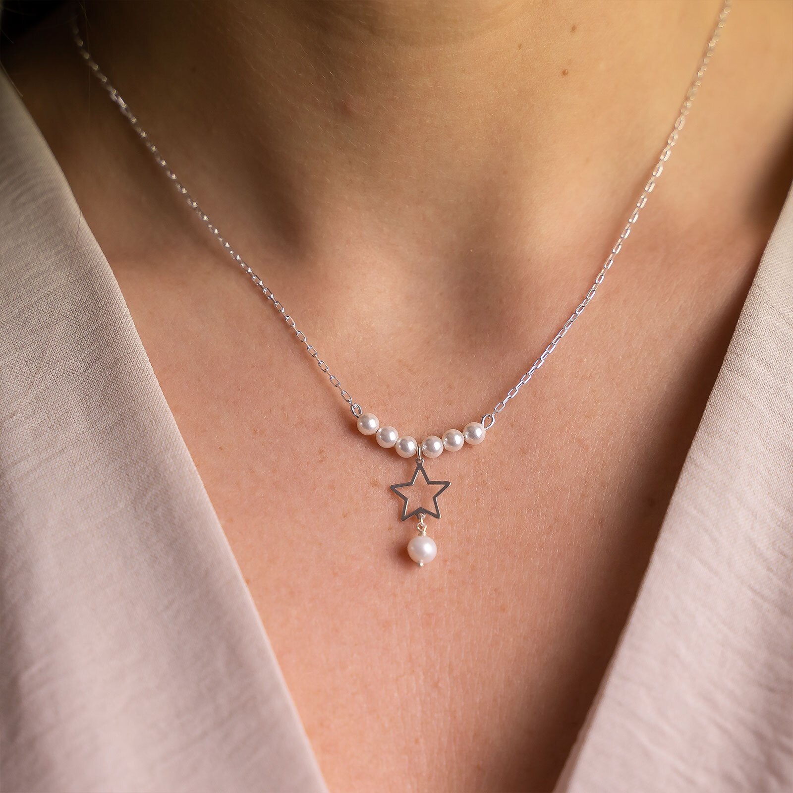 Lantisor Argint Personalizat cu Steluta si Perle de Cultura - eMAG.ro