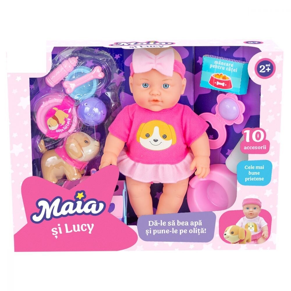 Set papusa si catel care beau apa si fac la olita cu biberon, bila de ...