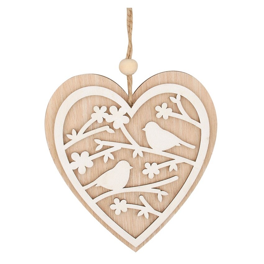 Inima din lemn cu model gravat alb - pasari, 12 cm - eMAG.ro