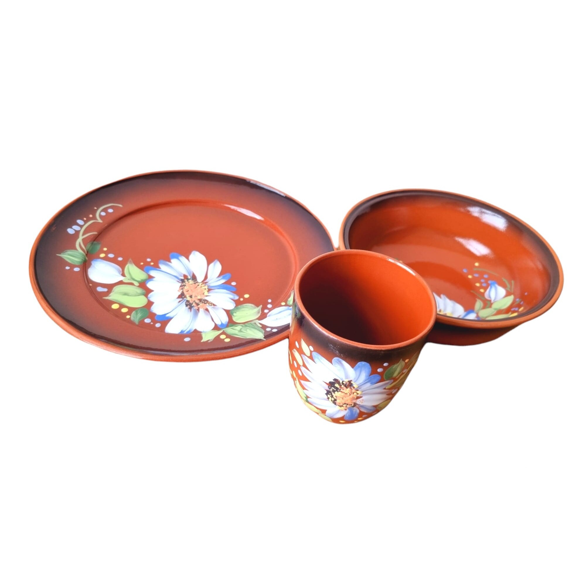 Set Diveli, 6 piese: 2 platouri, 2 pahare, 2 boluri, din lut rosu ...