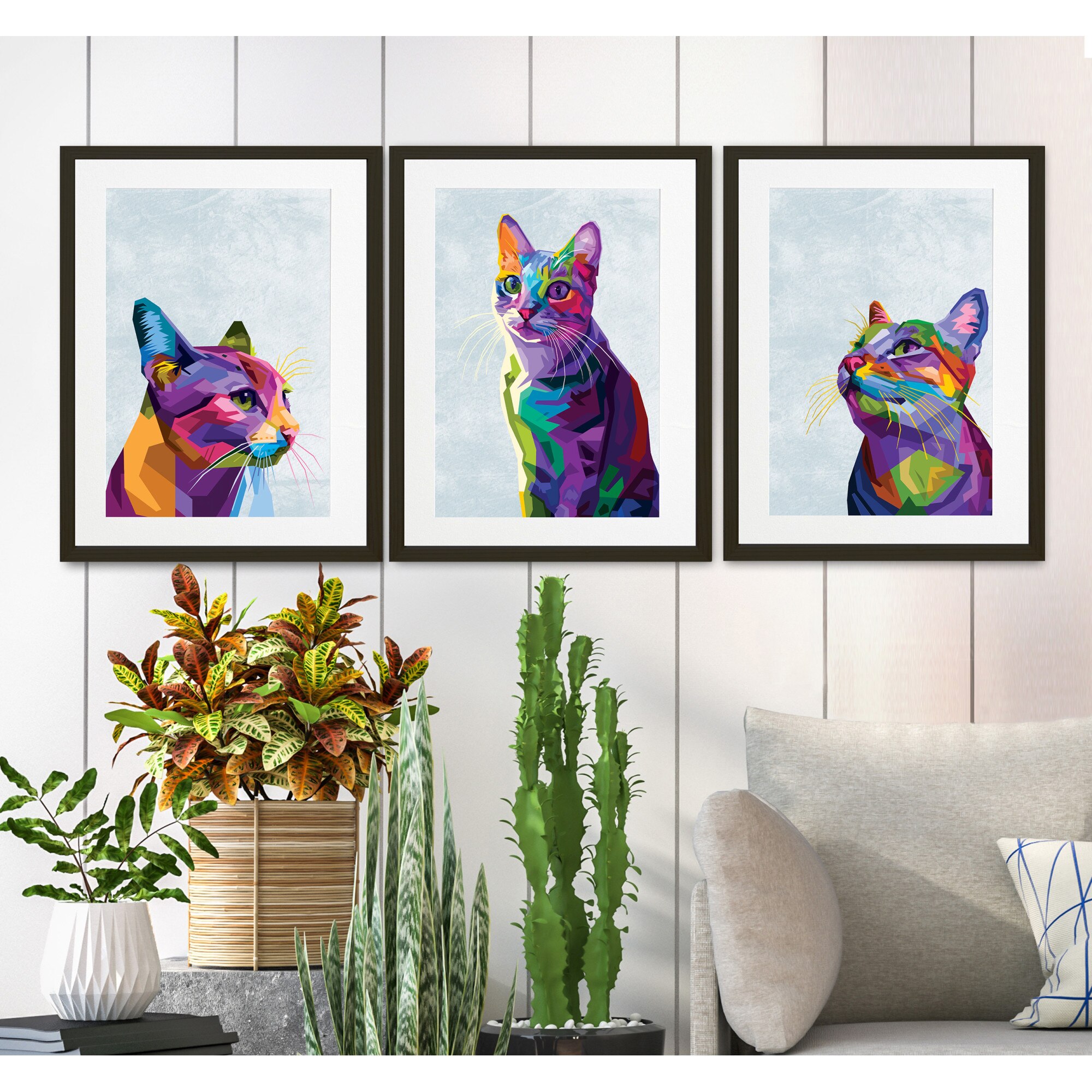 Set 3 tablouri inramate, Pisici geometrice colorate, Multicolor, 30 x ...