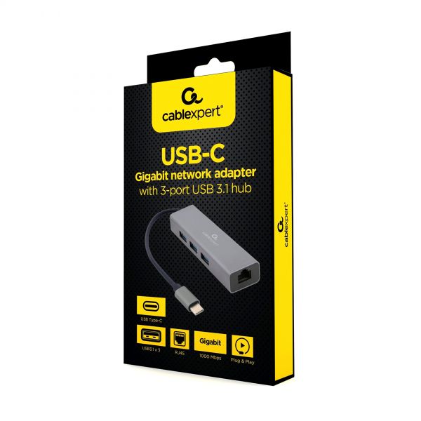 Hub si Adaptor retea USB-C, 3 x USB 3.1, 1 x RJ45 1000 Mbps, Gembird ...