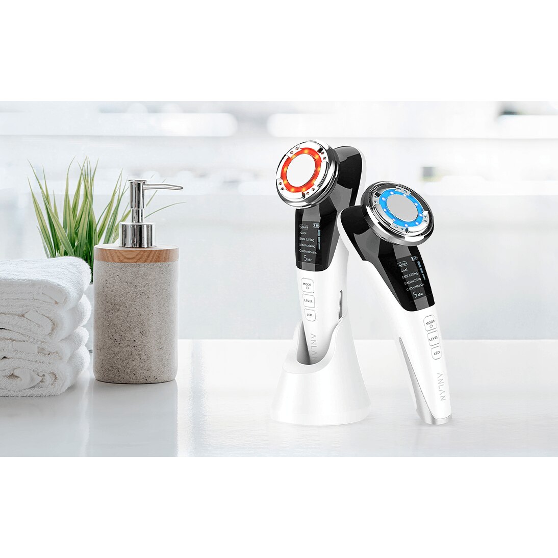 Aparat de masaj facial, ANLAN, EMS, ALDRY06-02, Alb/Negru, 10000 rpm, 5 Functii, 2 Tipuri ...