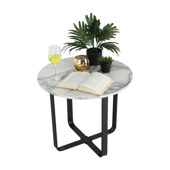 Masuta de cafea cu blat mdf alb marmorat si picioare metal negru Salino ...