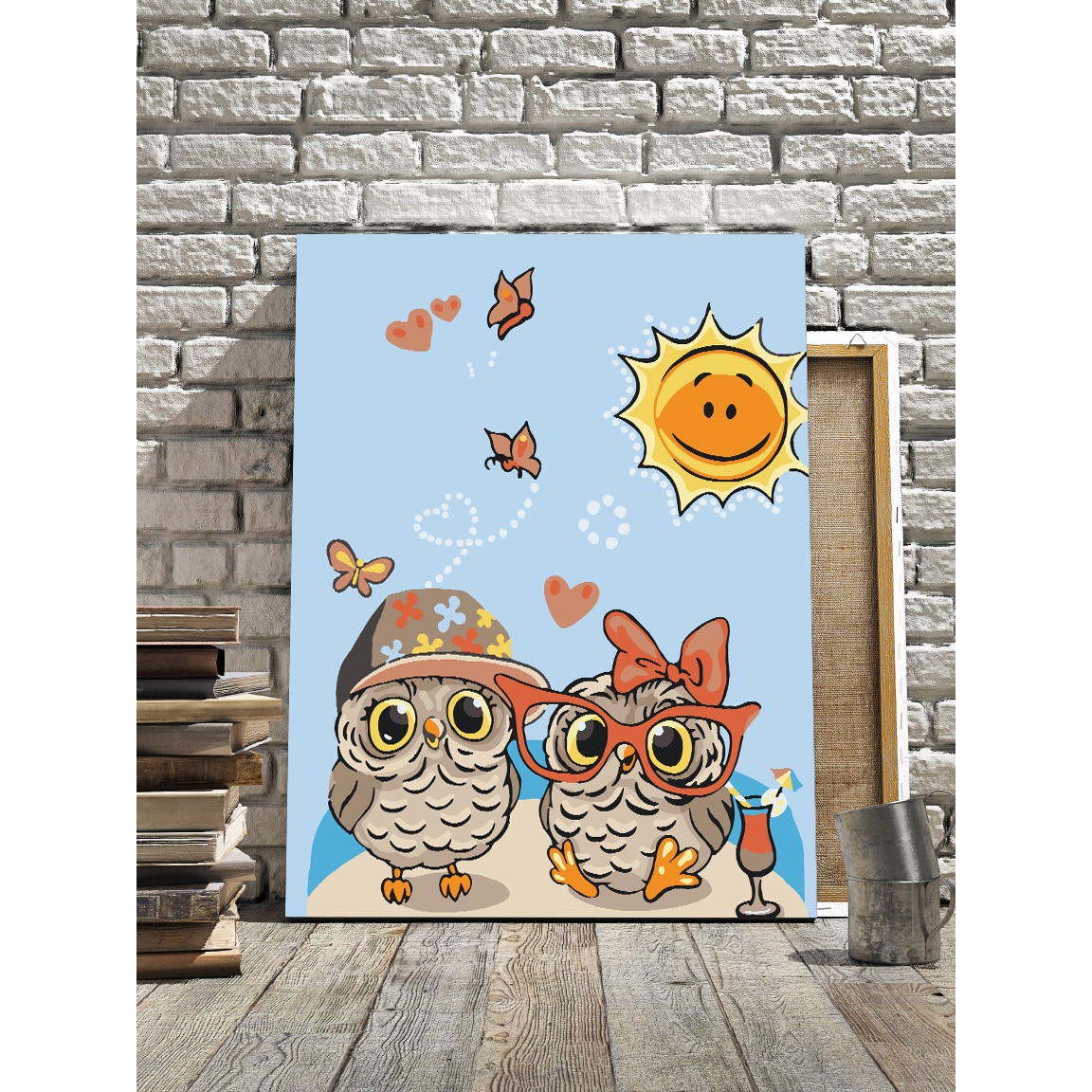 Set pictura pe numere Bufnite pe plaja 1331, panza bumbac pe rama lemn ...