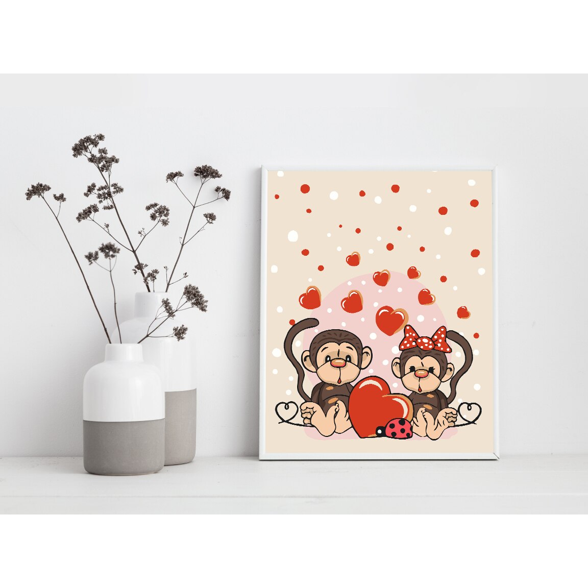 Set pictura pe numere Maimute cu inima 1335, panza bumbac pe rama lemn ...