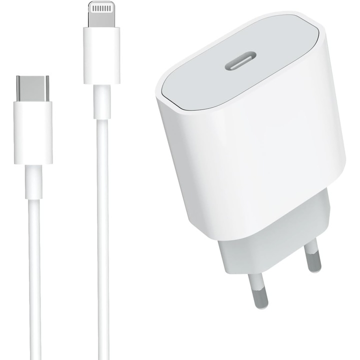 Set Incarcator Fast Charge 20W, cablu de date 1m Usb-C tip Lightning ...