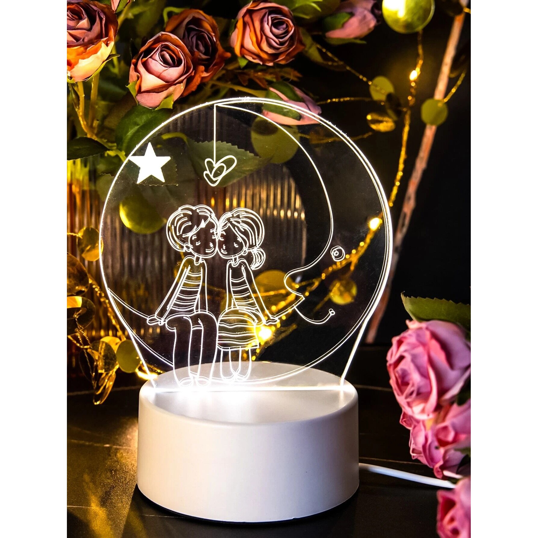 Lampa decorativa multicolor 3D, Cuplu si Luna, cu alimentare USB, 13.5 ...