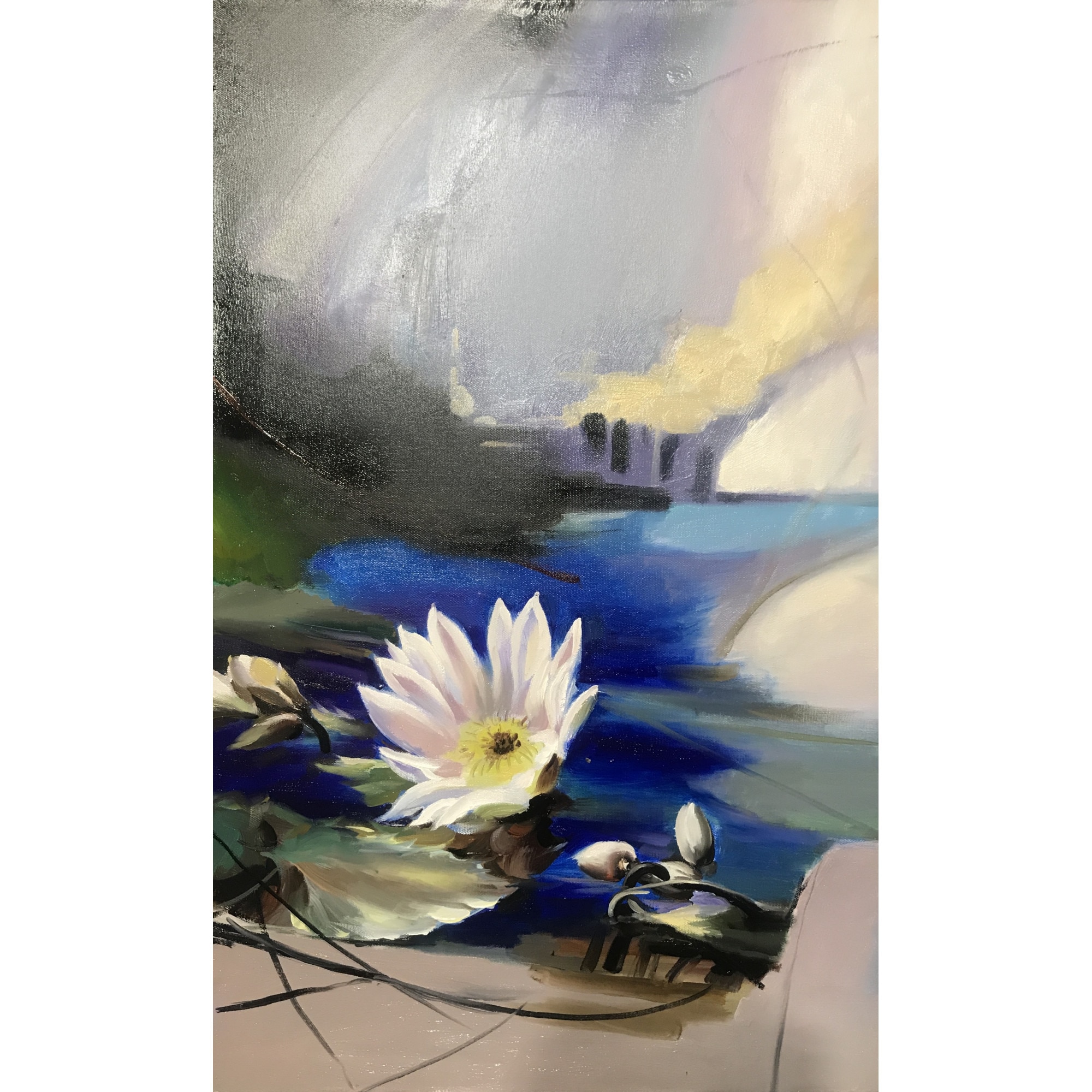 Tablou pictat manual ulei panza cu floare de nufar, pictura lotus ...