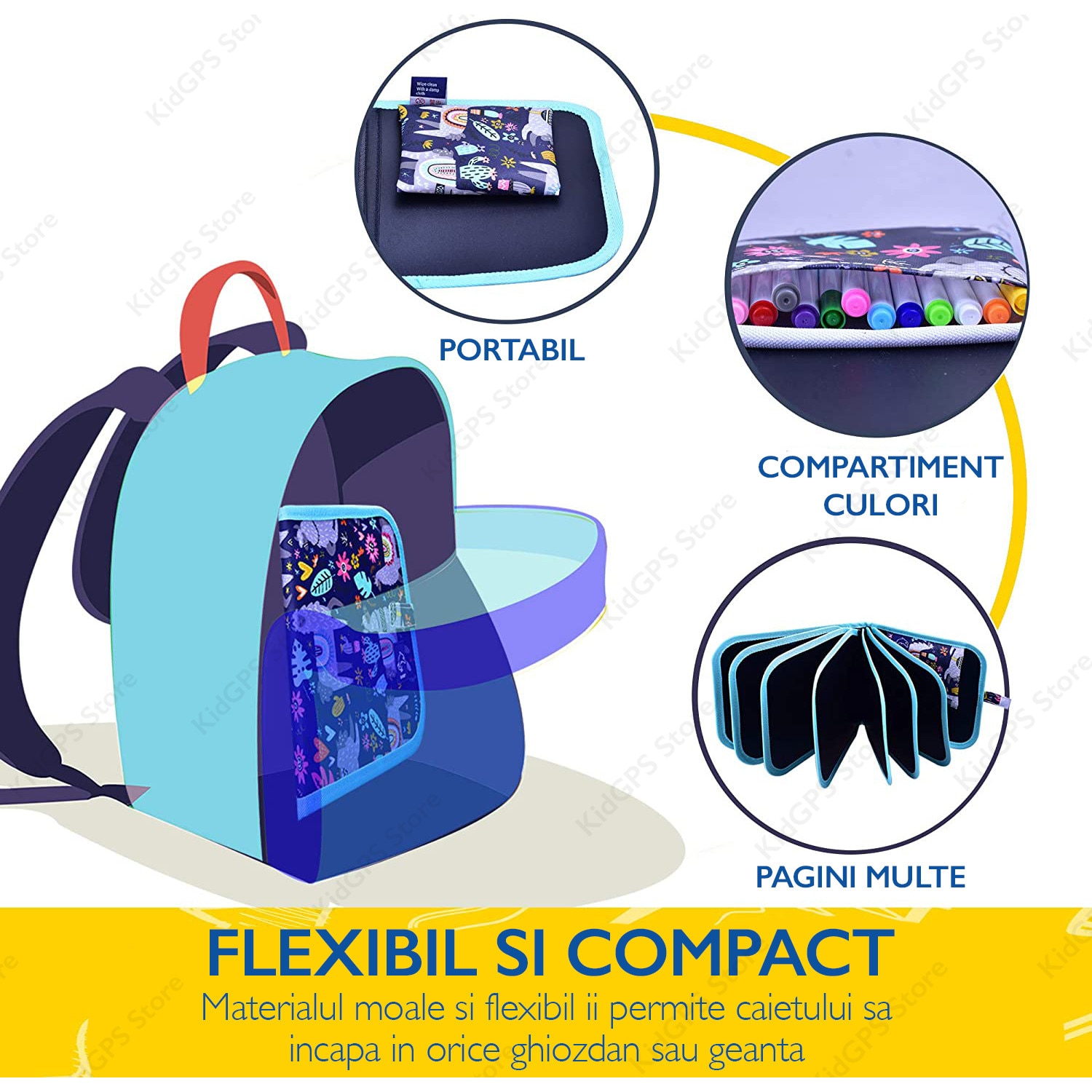 Caiet cu pagini negre table negre pentru desenat KidProtect, 14 pagini,12 carioci, 2 carpe ...