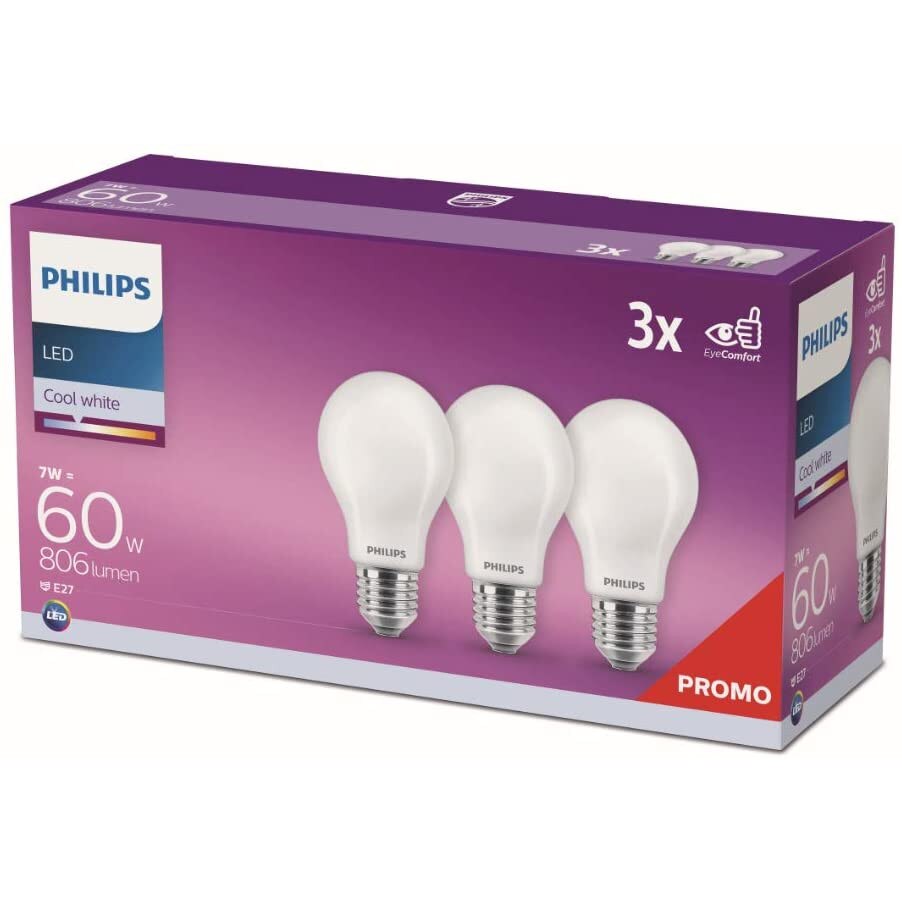 Set 3 becuri LED Philips A60, E27, 7W, 806 lm, 4000K, Alb rece - eMAG.ro