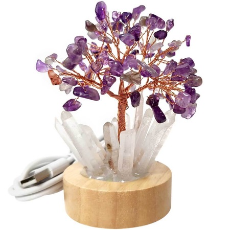 Copacel decorativ ametist cu lumini, obeliscuri cristal pe soclu lemn ...