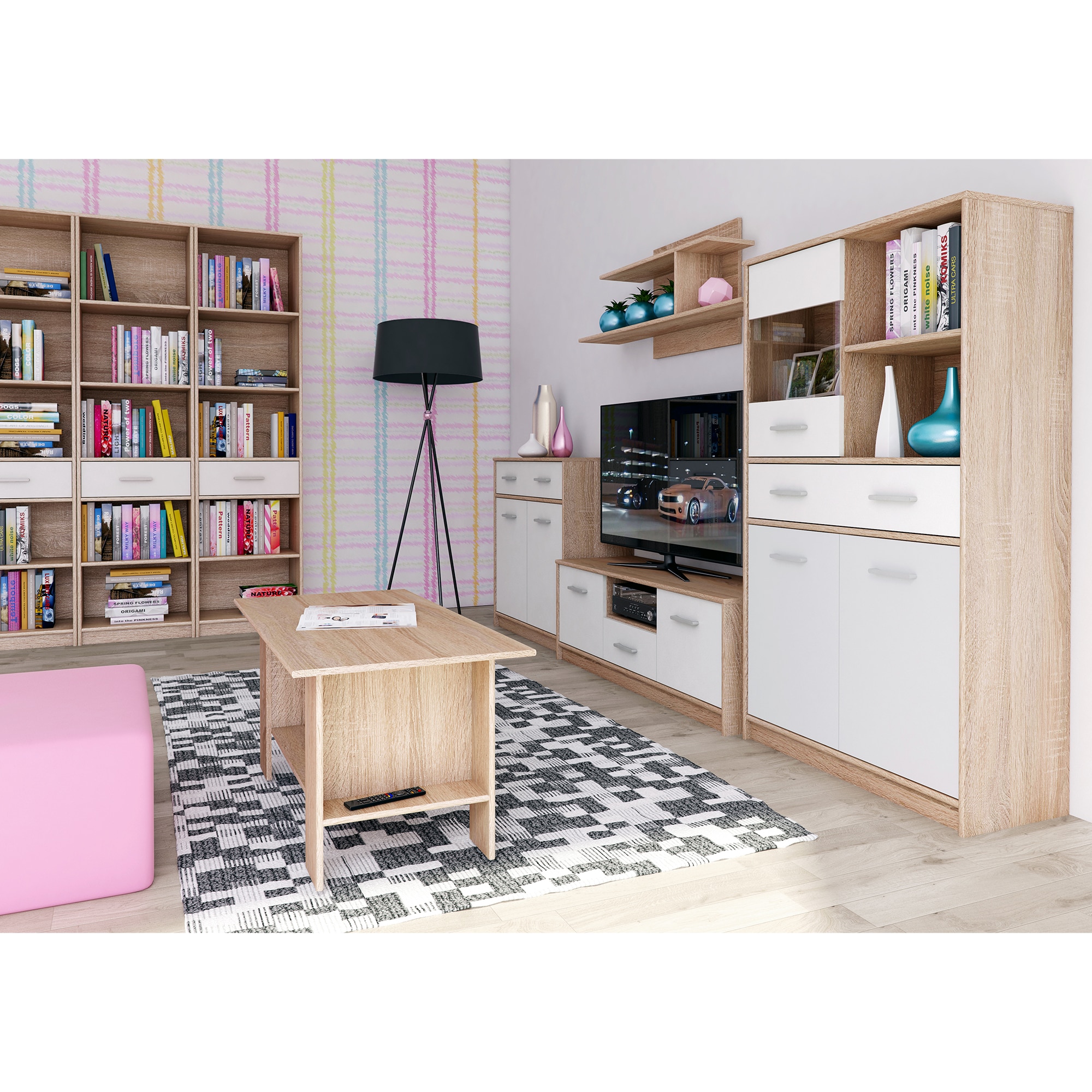 Comoda 3 usi 2 sertare mdf alb stejar sonoma Teyo 123x34x85 cm - eMAG.ro