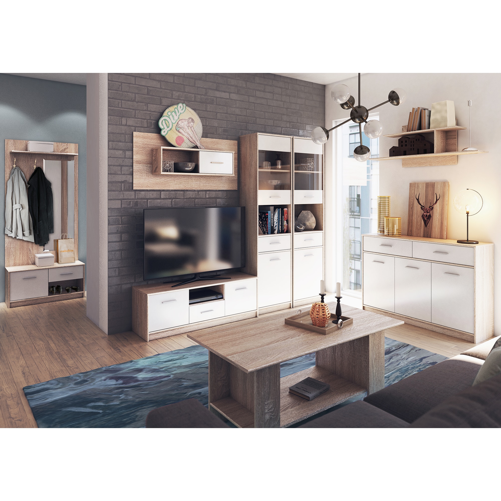 Comoda 3 usi 2 sertare mdf alb stejar sonoma Teyo 123x34x85 cm - eMAG.ro
