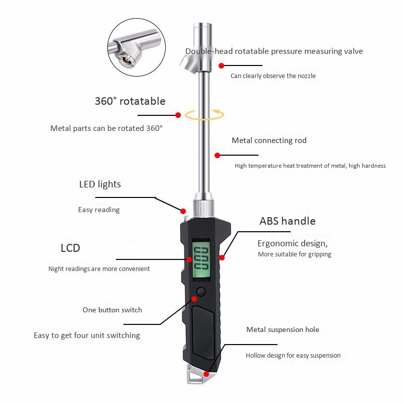 Manometru digital presiune anvelope, 230PSI, Afisaj LCD, Iluminare ...