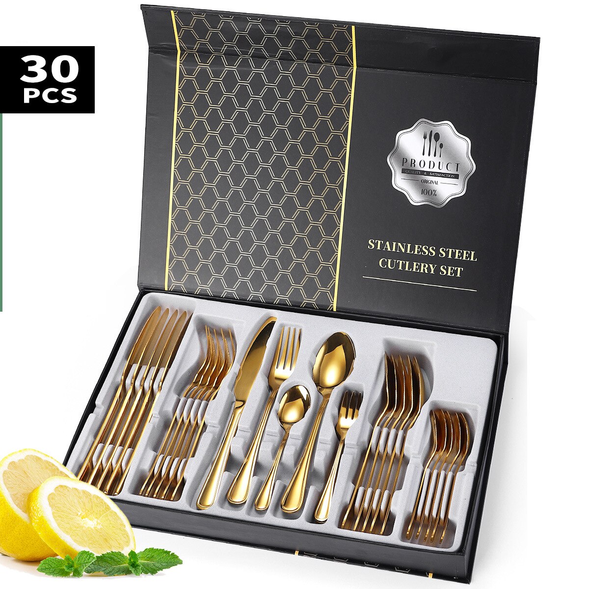 Set tacamuri 6 persoane, 30 piese, din inox, TRENDY'S, gold - eMAG.ro