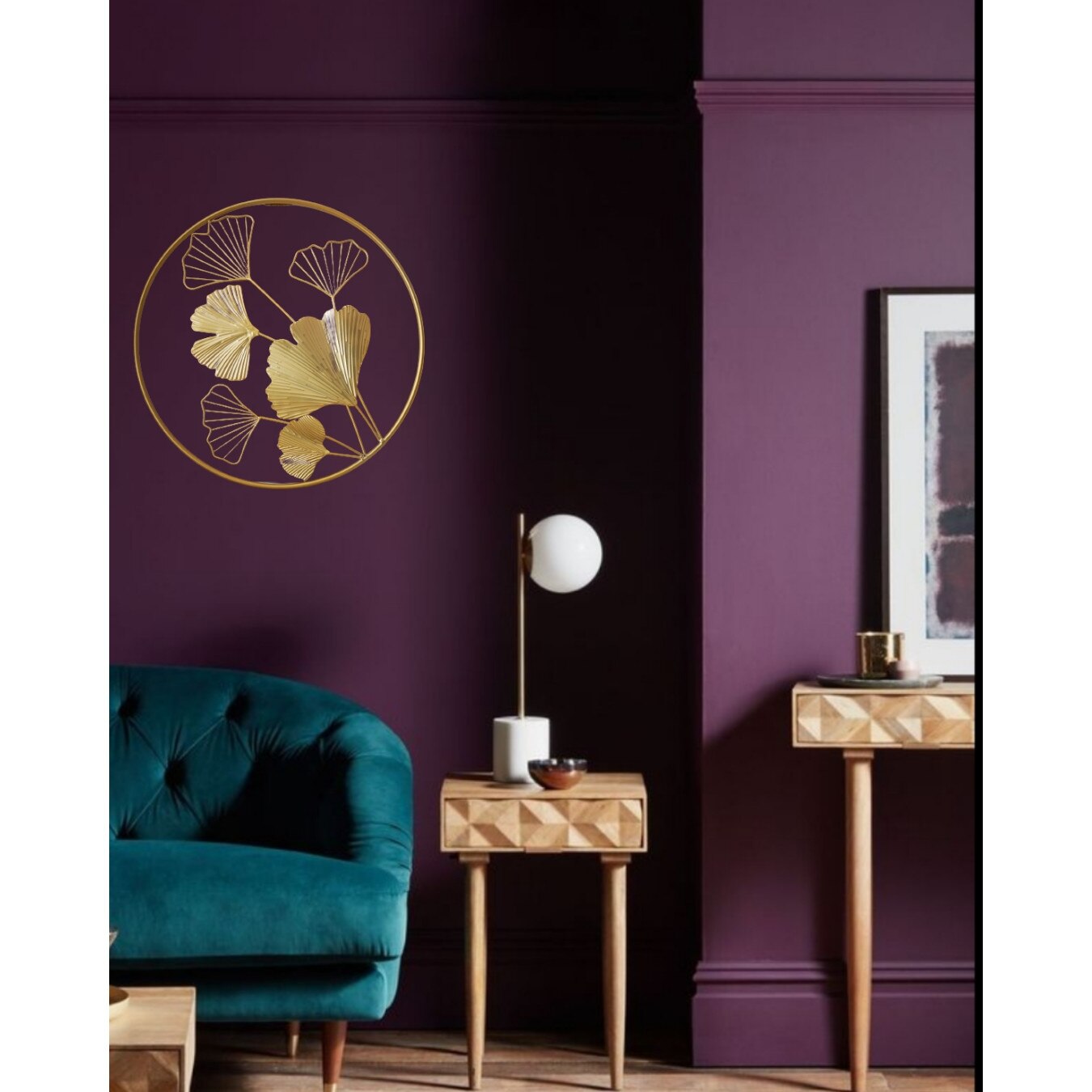 Decoratiune perete rotunda, metalica, aurie, frunze, 44.5 x 45 cm ...