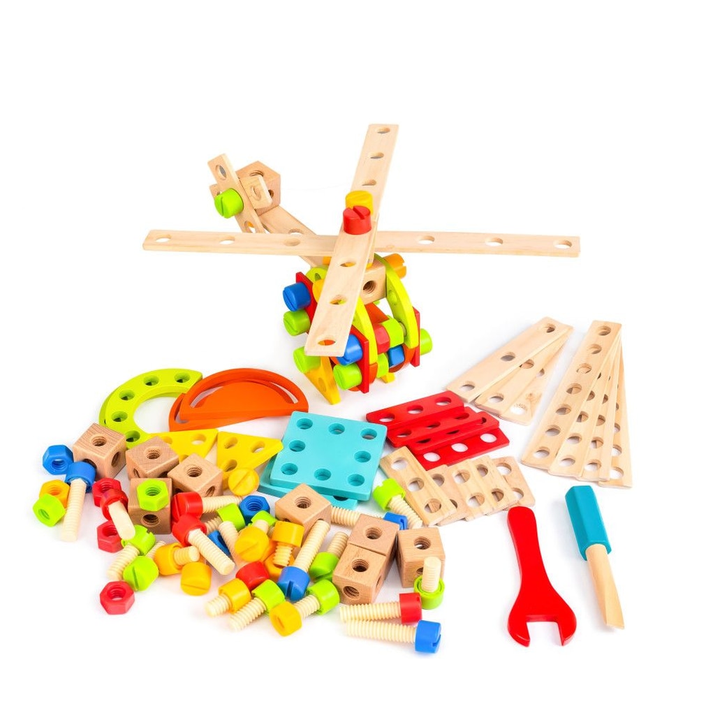 Set blocuri de constructie din lemn, 120 piese, Robot, Turnulet ...