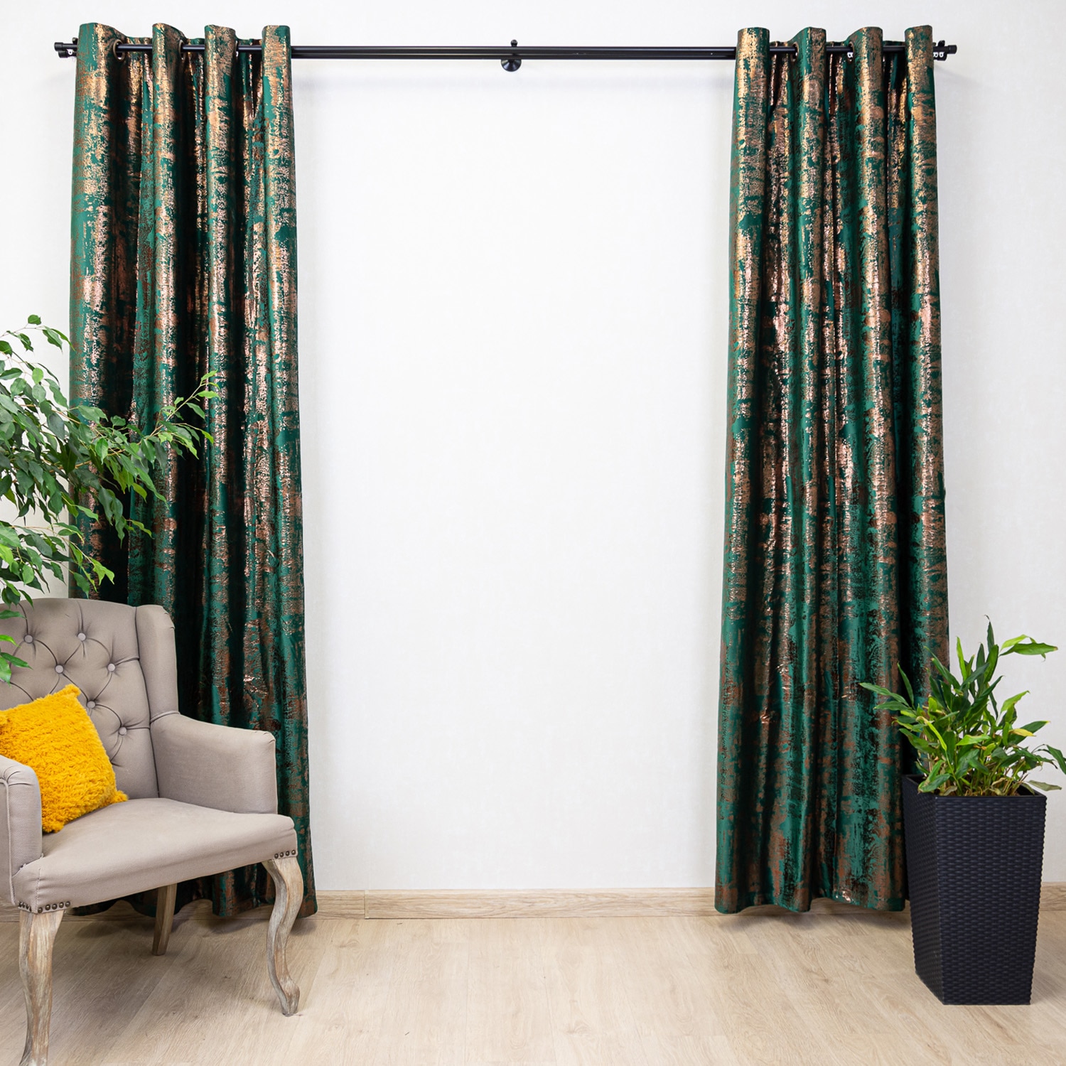 Set 2 draperii 2x300x245cm, Imperial Comfy catifea imprimata verde ...