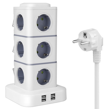 BYONDSELF Torony Elosztó, 4xUSB port/12x AC aljzat, 2500W, 1,8M, Fehér ...