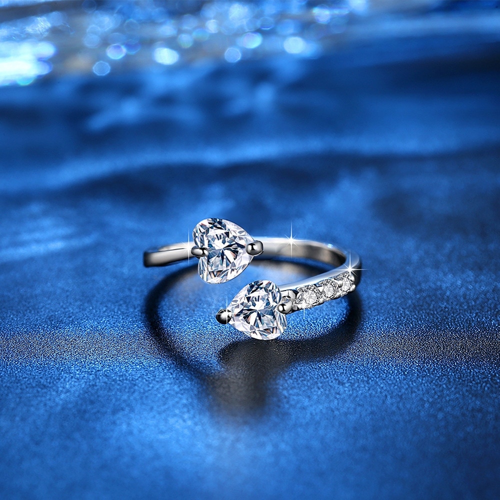 Inel reglabil, Aliaj/Argint/Zirconiu, Model inima dubla, Argintiu - eMAG.ro