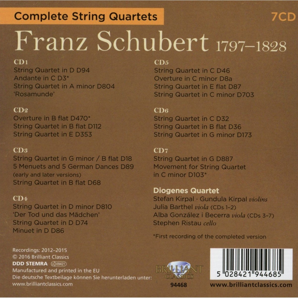Schubert - Complete String Quartets. Diogenes Quartet 7CD - eMAG.hu