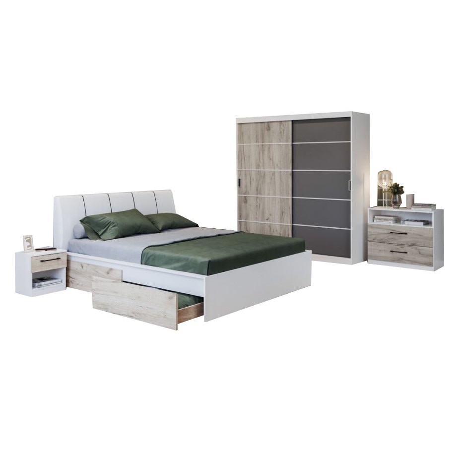 Set Dormitor Forest, c/15, Pat Tapitat, 160x200, Dulap 184cm, Comoda ...