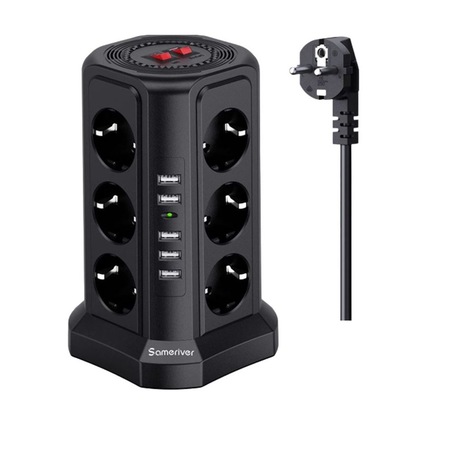 Priza tip tower, Sameriver, 2500W, 12 Prize, 5 Porturi USB, 5M, Negru ...