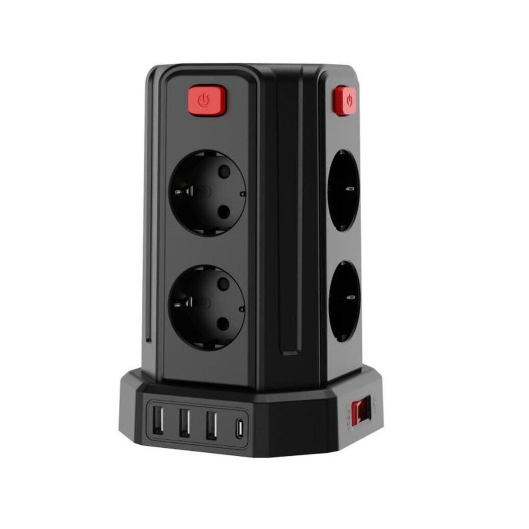 Priza tip tower, Sameriver, 2500W, 8 Prize, 4 Porturi USB, 3m, 11.5x18 ...
