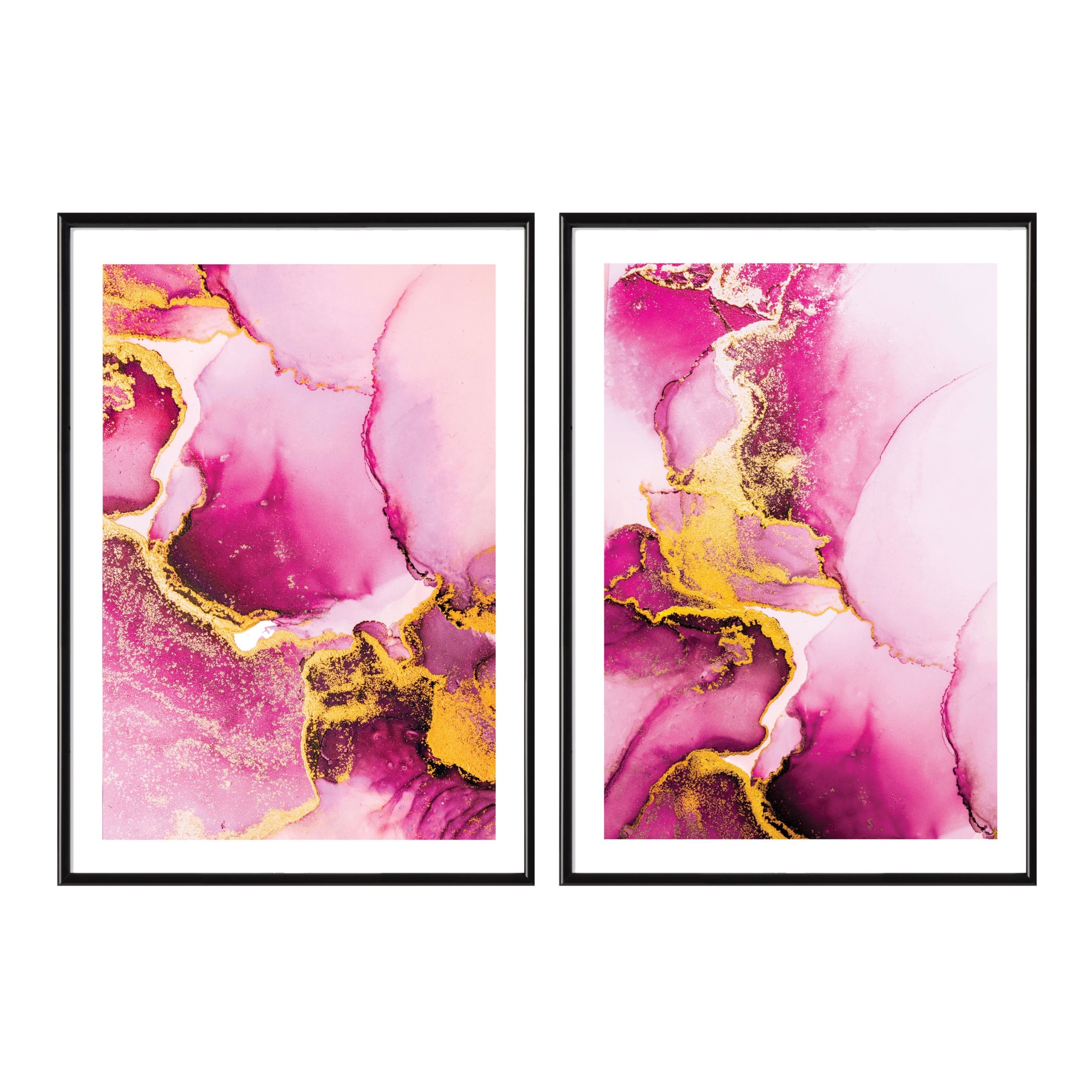 Set 2 tablouri inramate, Arta Abstracta Luxury, Roz si Auriu, 70 x 50cm ...