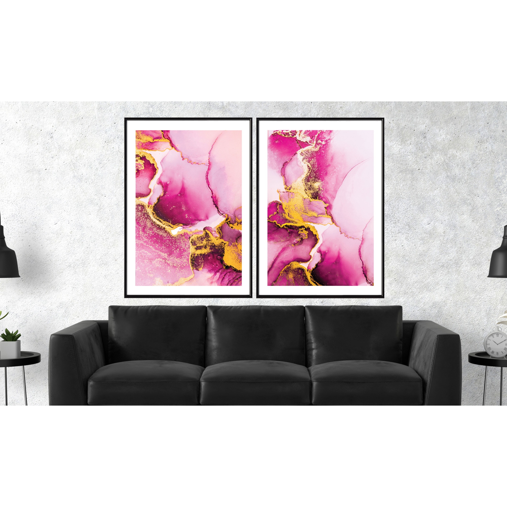 Set 2 tablouri inramate, Arta Abstracta Luxury, Roz si Auriu, 70 x 50cm ...