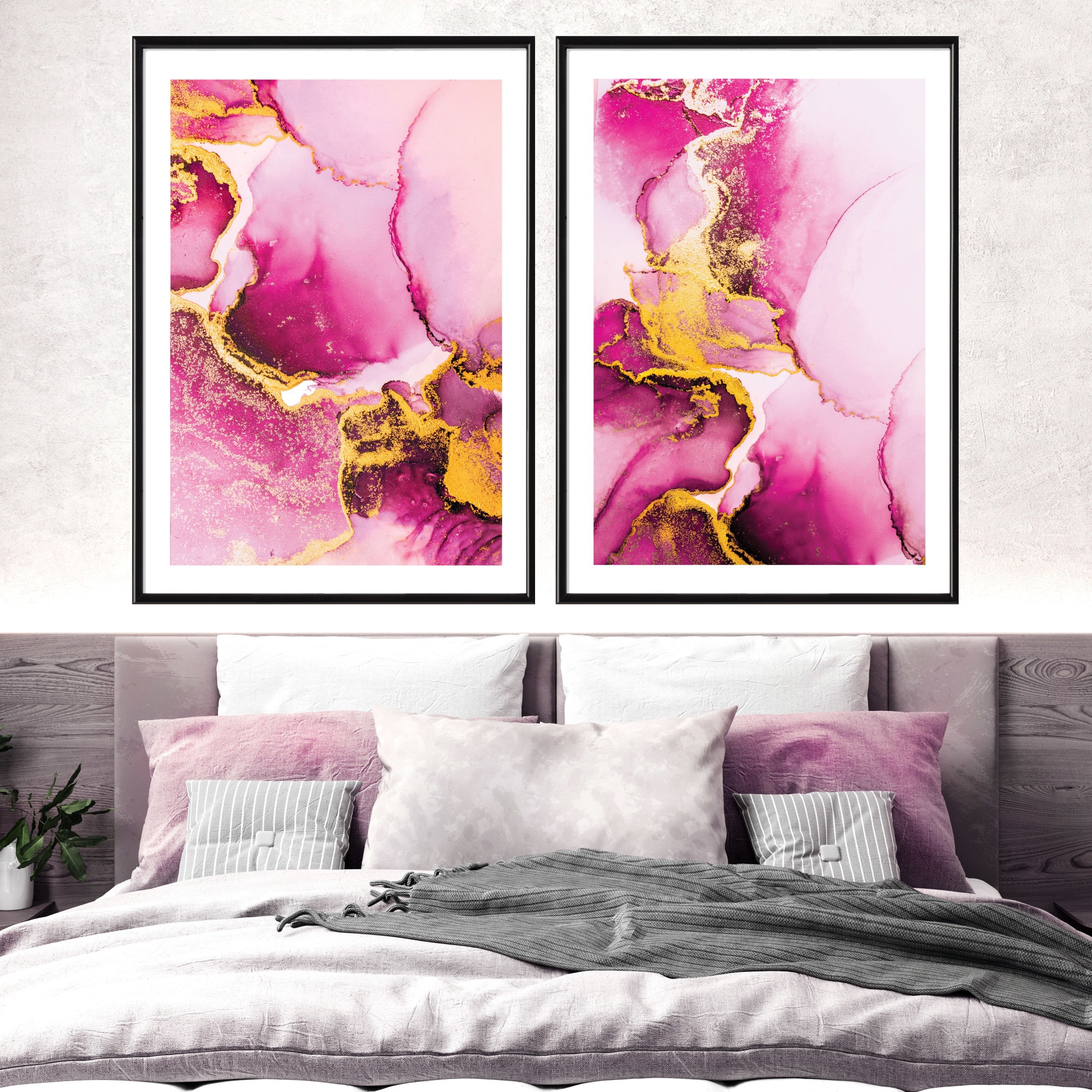 Set 2 tablouri inramate, Arta Abstracta Luxury, Roz si Auriu, 70 x 50cm ...