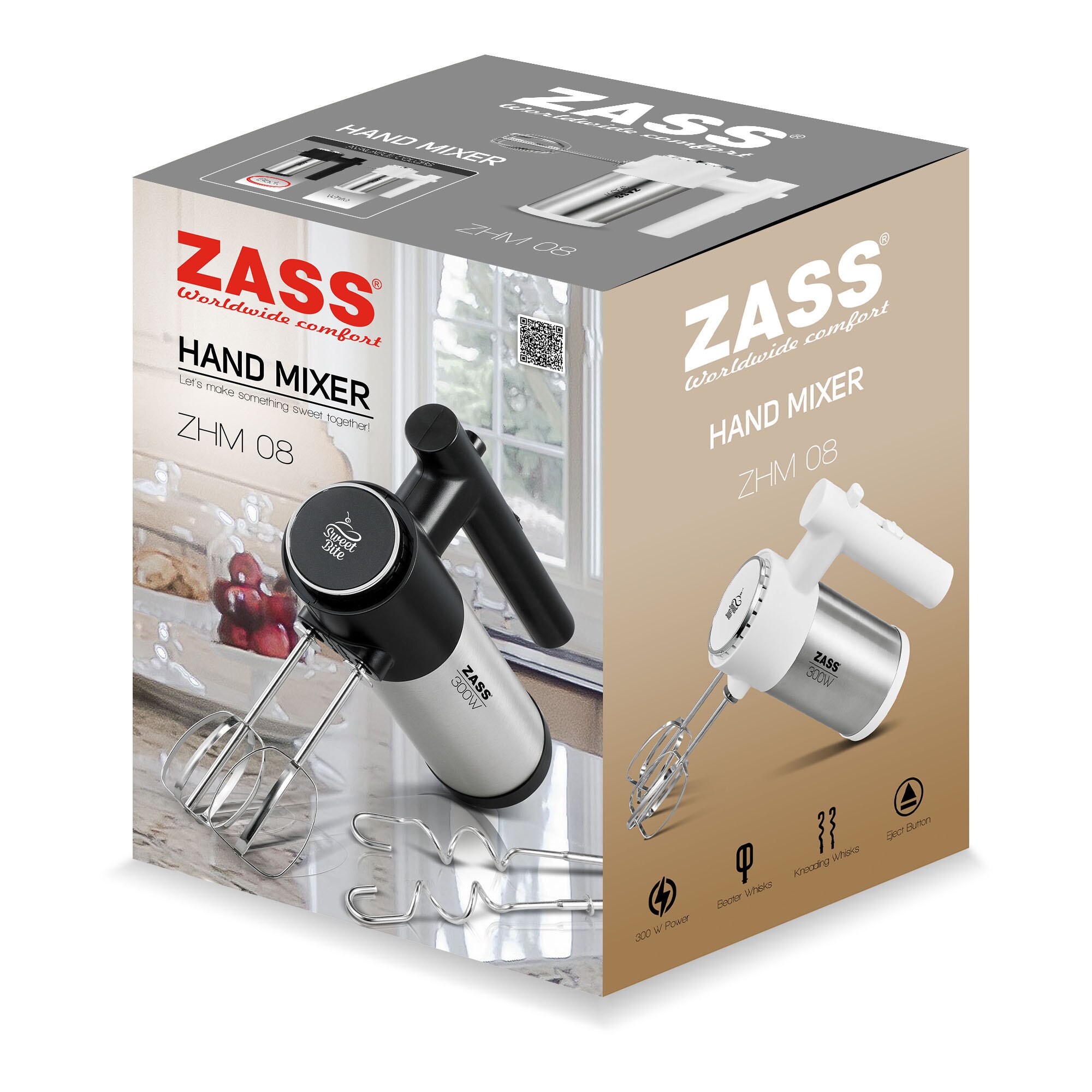 Mixer de mana Zass ZHM 08Negru, putere 300W, maner ergonomic, 5 viteze ...