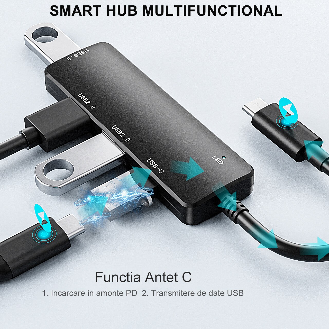 Hub USB 4 in 1 USB 3.0./USB TIP C, Sundiguer, accepta hot swap, Adaptor ...