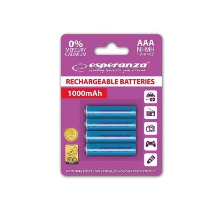 Set 4 acumulatori reincarcabili Esperanza 1000mAh, AAA / R3 - eMAG.ro
