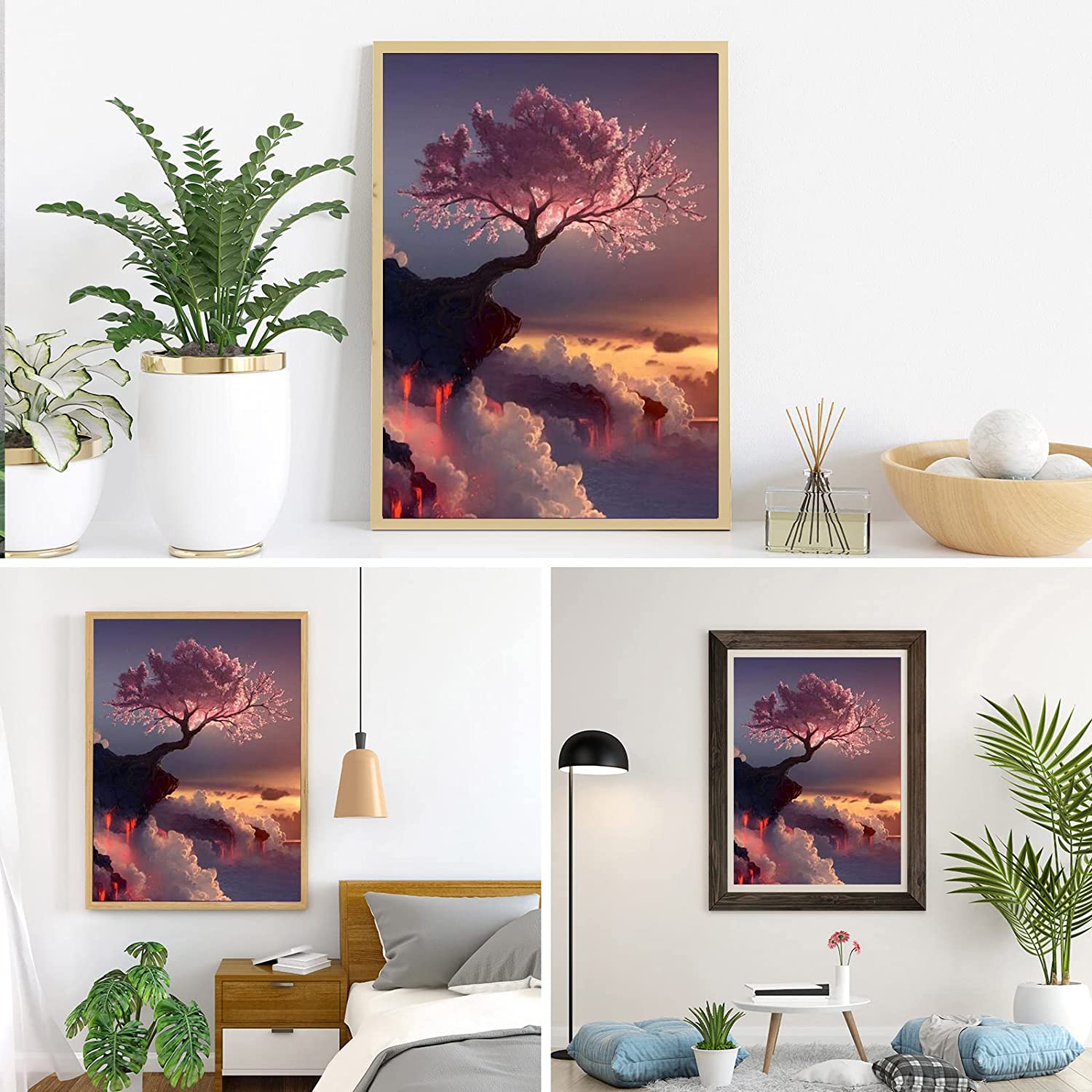 Goblen mozaic cu diamante, Zola®, Apus cu pom cu frunze roz, 30x40 cm - eMAG.ro