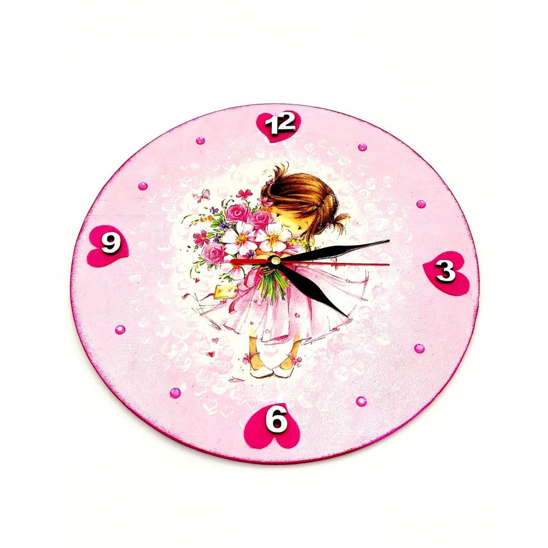 Ceas handmade, 25 cm, model fetita cu flori, alb roz - eMAG.ro