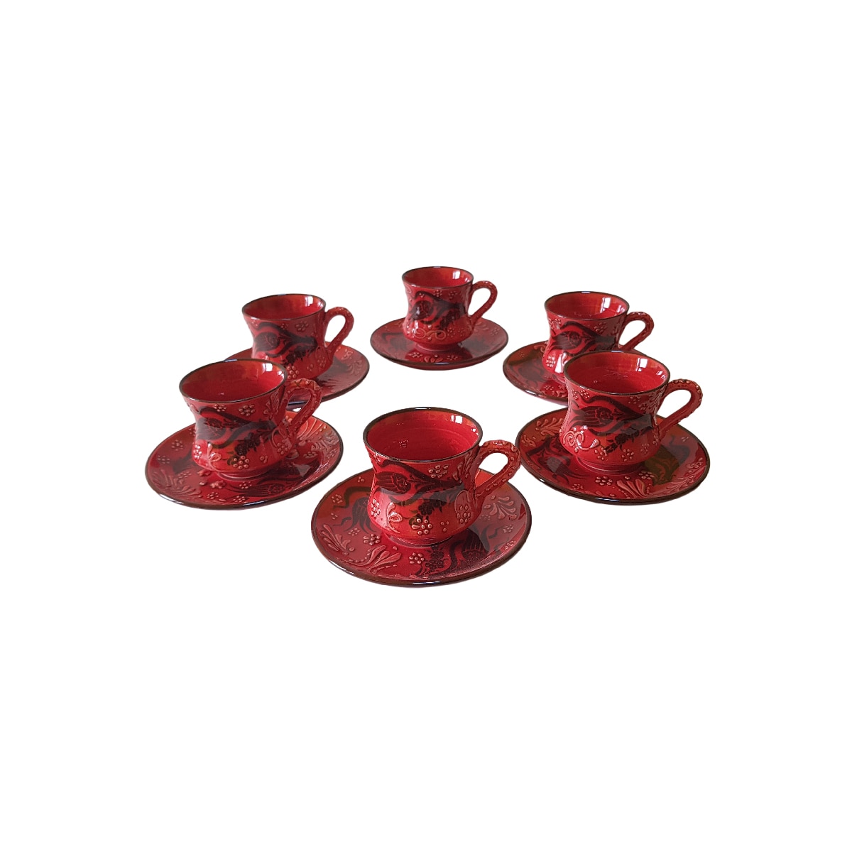 Set cafea turceasca ceramica, pictat manual, 50 ml, 12 piese, rosu, EHA ...