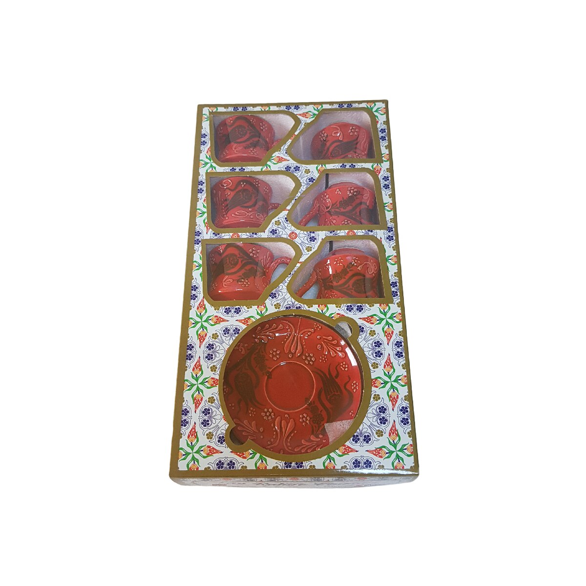 Set cafea turceasca ceramica, pictat manual, 50 ml, 12 piese, rosu, EHA ...