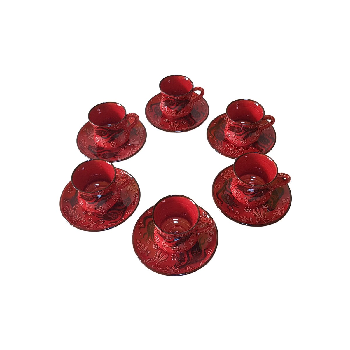 Set cafea turceasca ceramica, pictat manual, 50 ml, 12 piese, rosu, EHA ...