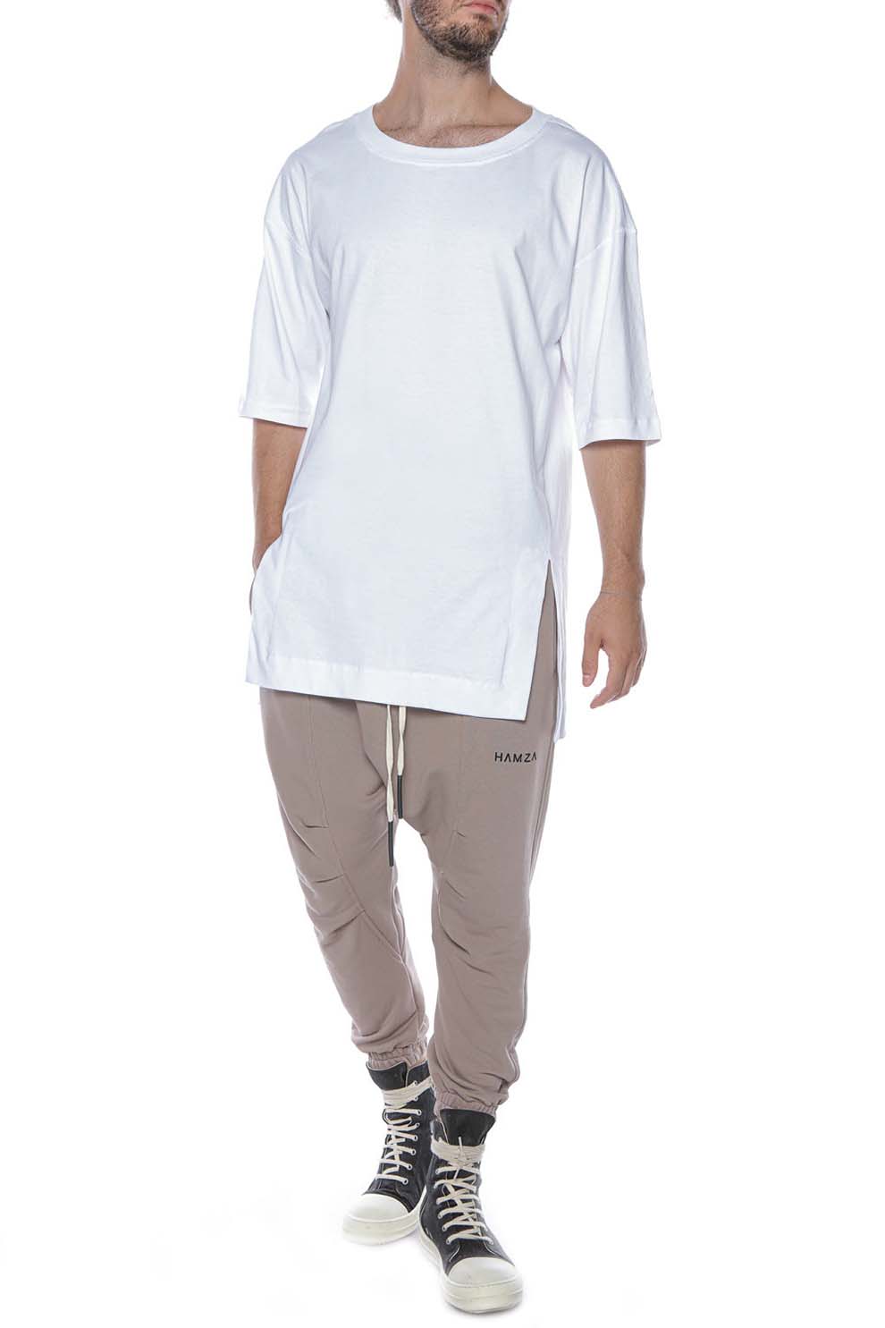 HAMZA, Pantaloni sport cu tur lasat si snururi Trap, Maro taupe deschis ...